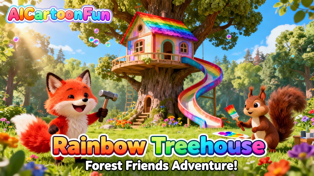 🌳🐿️ Forest Friends Build a Rainbow Treehouse! 🦊🎨 | Colorful Cartoon ...