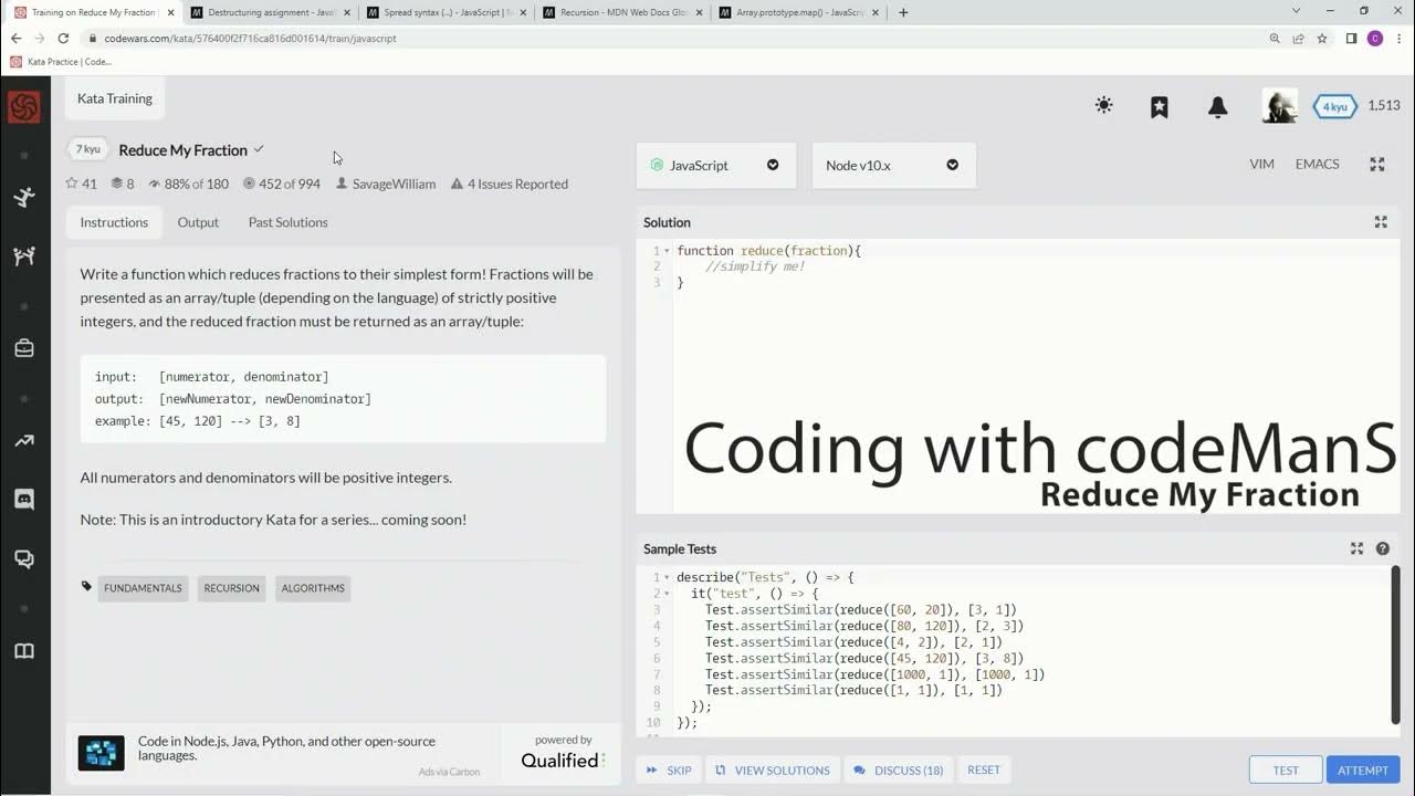 Codewars 7 kyu Reduce My Fraction Javascript - YouTube