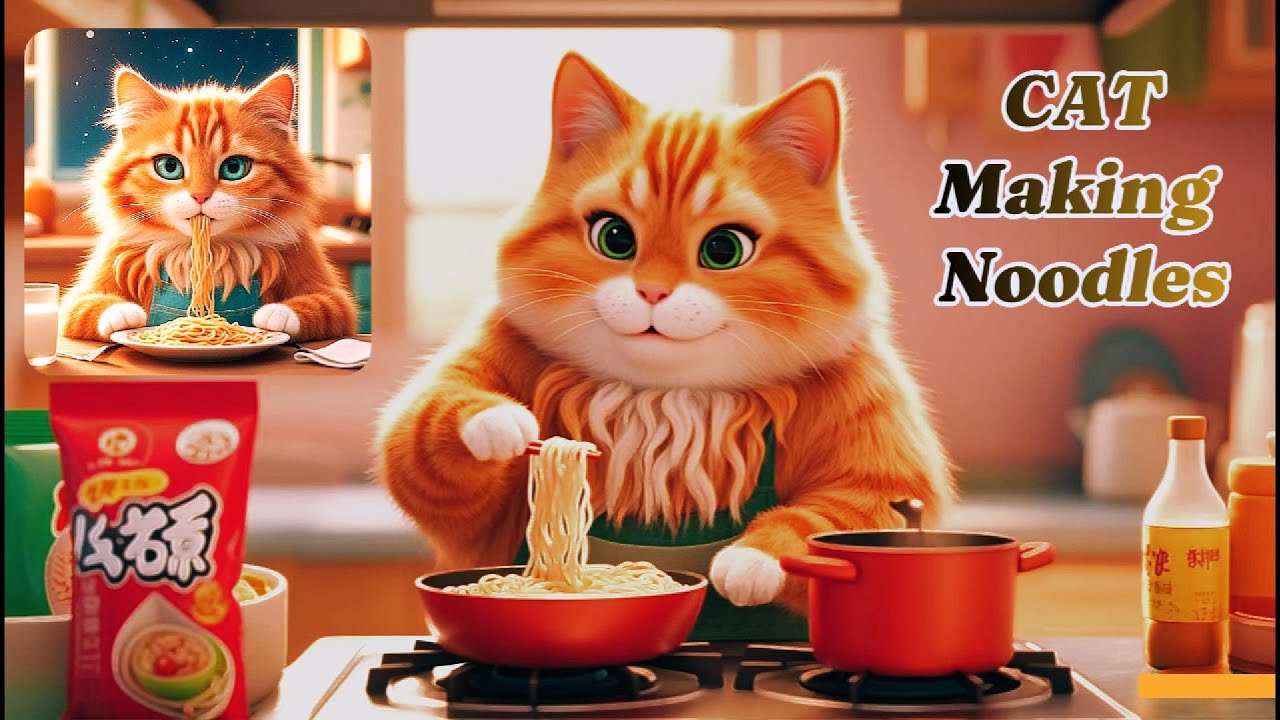 Cat making noodles | Cute cat cooking | Making free cartoon from ai ...