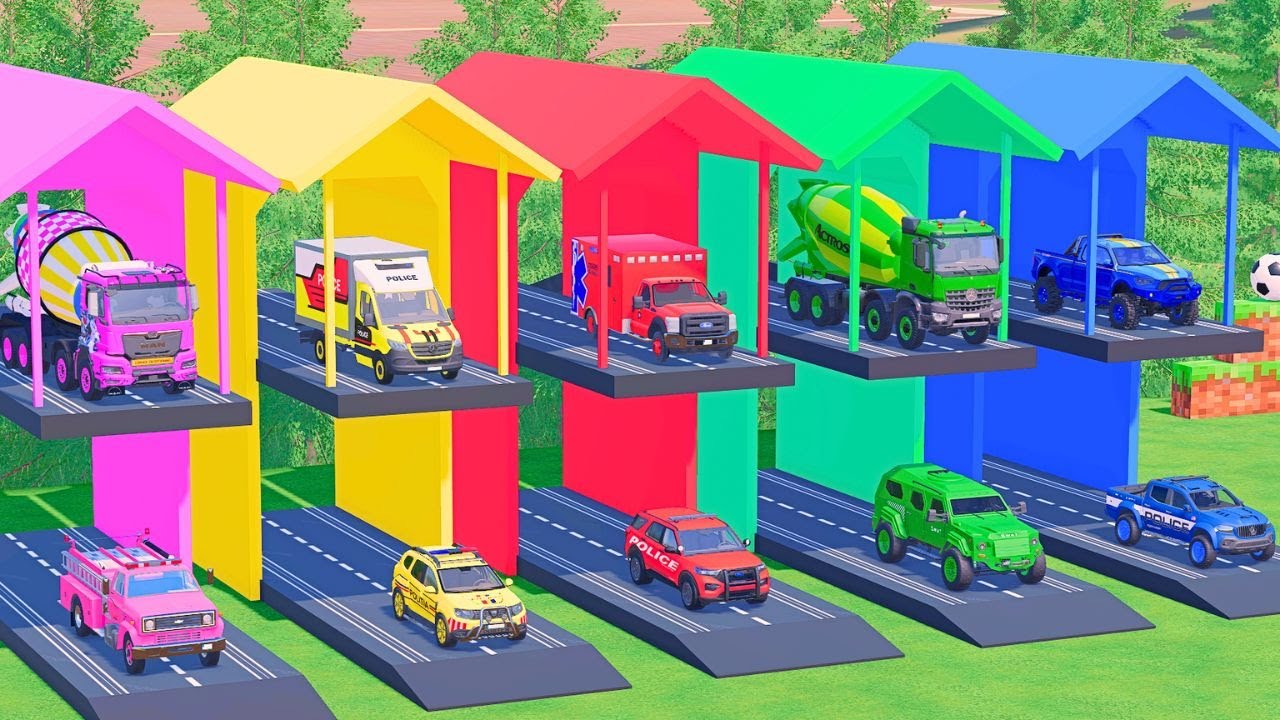 TRANSPORTING POLICE CARS, AMBULANCE, FIRE TRUCK, COLORFUL CARS WITH ...