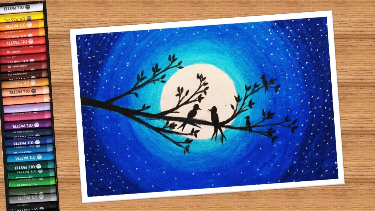Moon Light Easy Scenery Drawing of Birds on Tree with Oil Pastels - How ...