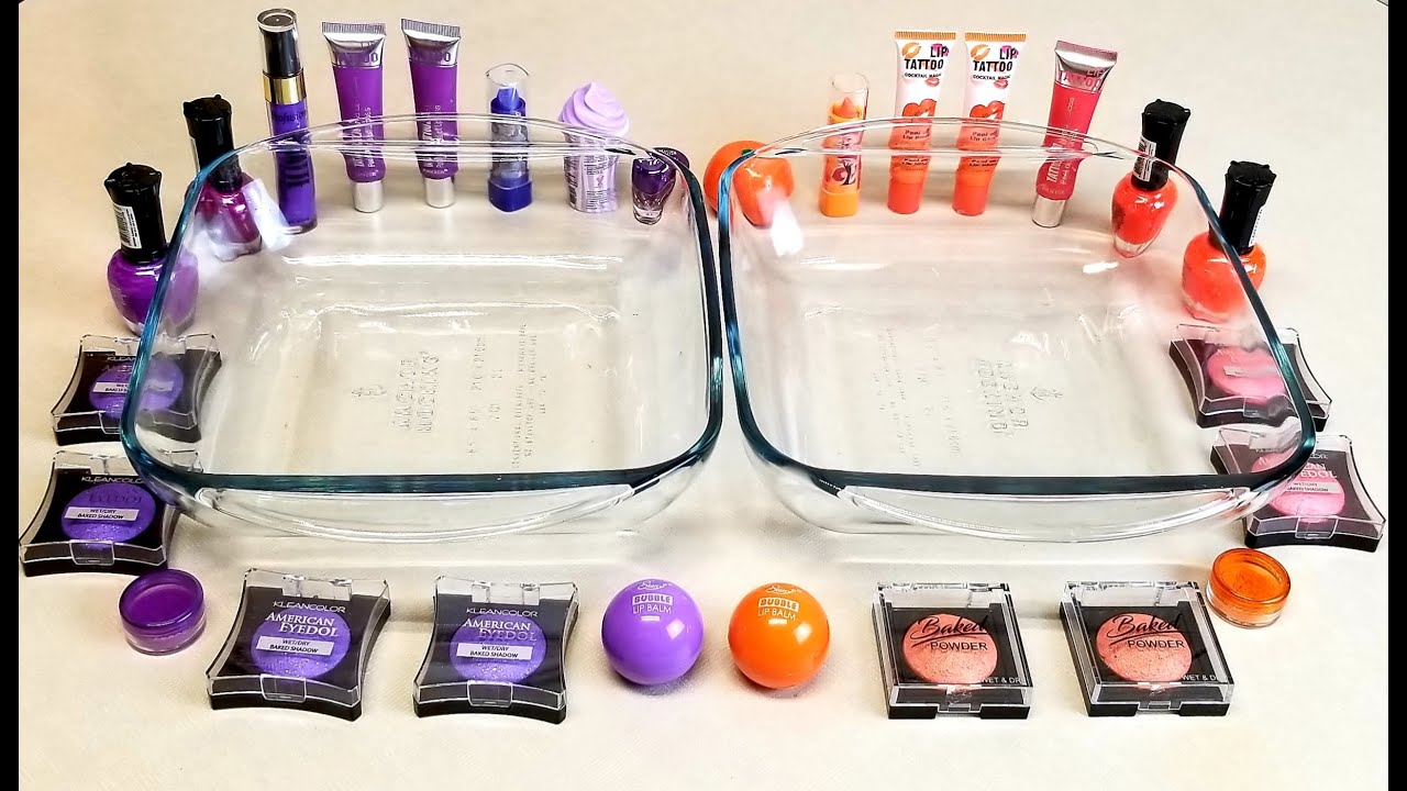Purple vs Orange Slime! Mixing Makeup Eyeshadow and Glitters Into Slime ...