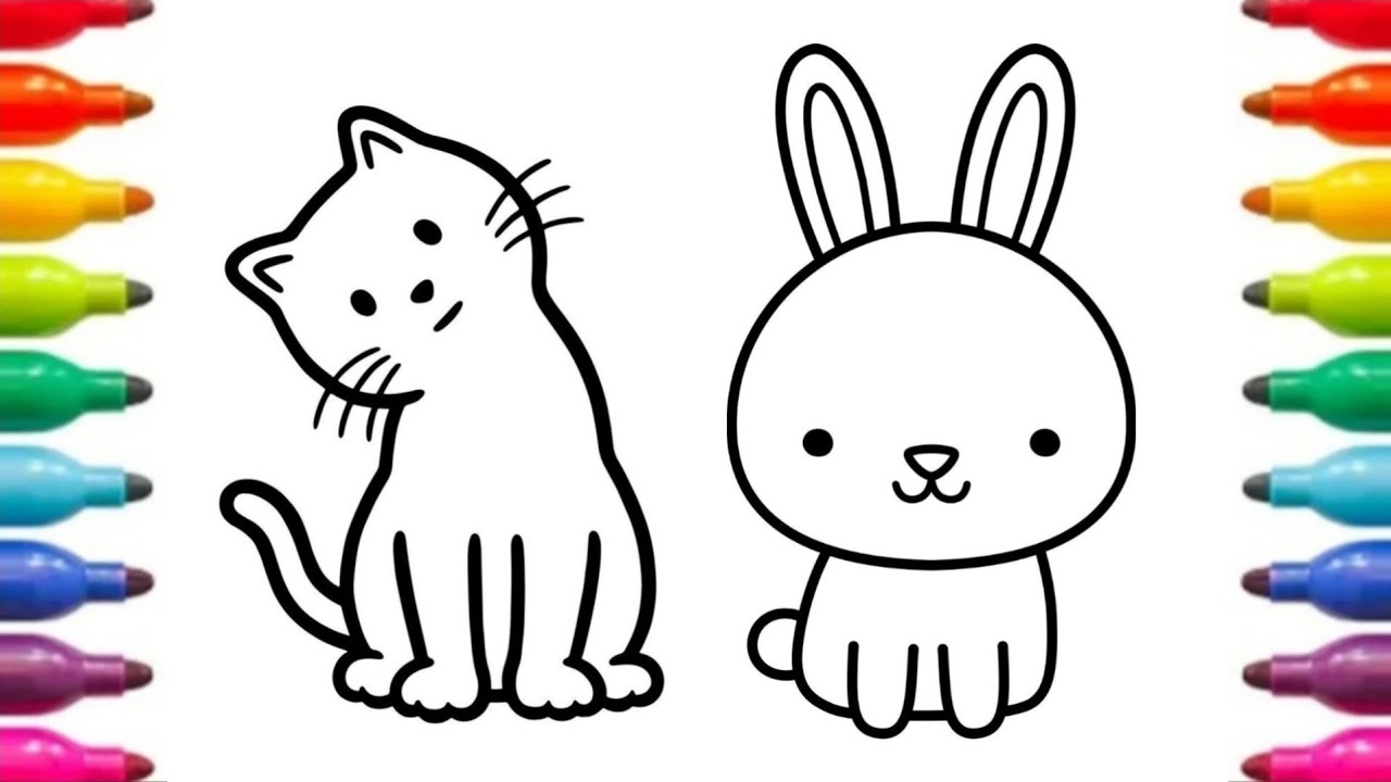 learn how to draw simple cat and rabbit | drawing and colouring for ...