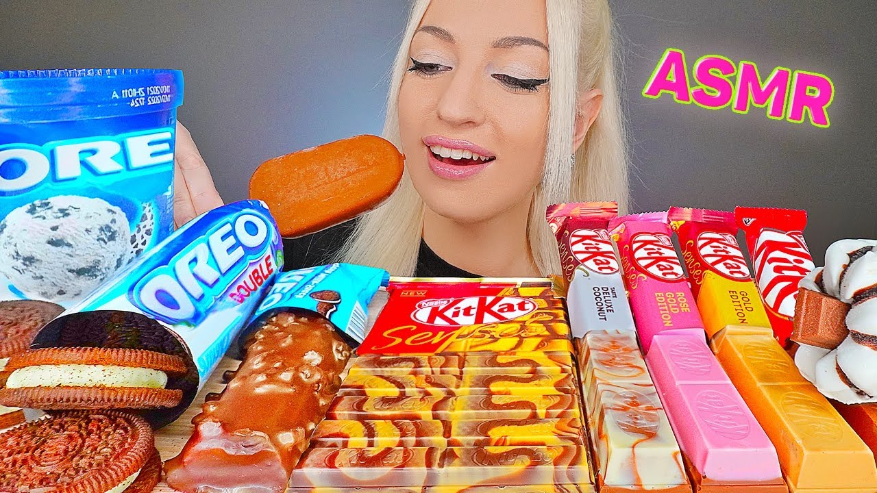 ASMR EATING CHOCOLATE KITKAT & OREO, CANDY BARS, ICE CREAM, 초코바 초콜릿 ...