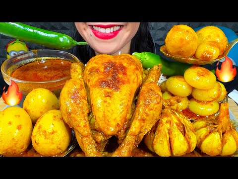 ASMR SPICY WHOLE CHICKEN CURRY, EGG CURRY, GARLIC & ONION CURRY, RICE MASSIVE Eating Sounds