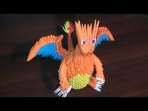 How to make a paper Pokemon Charizard (or an orange dragon with wings). 3D origami tutorial