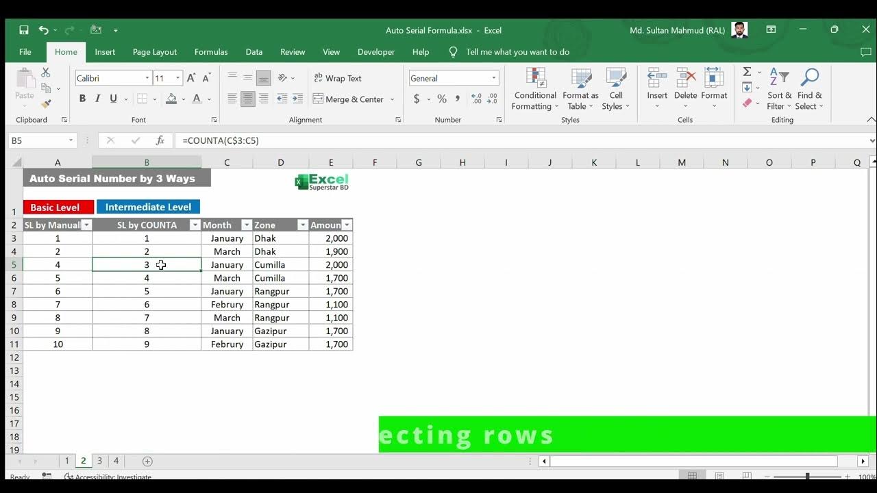 Auto Serial Number in Excel || Working during Filter & Deleting Rows || - YouTube