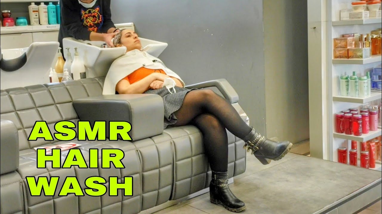 Women's Hair Washing and Wet Haircuts in a Short Skirt / ASMR Real ...