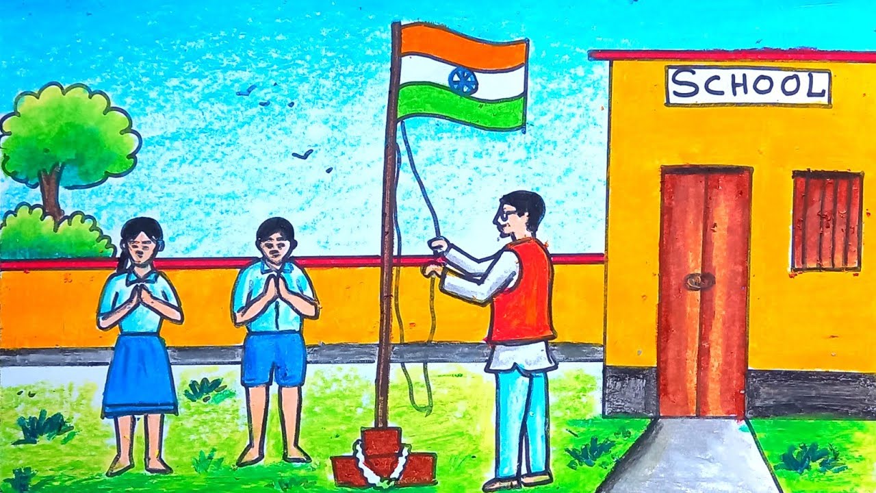 how to draw Independence Day celebration at school with oil pastel ...