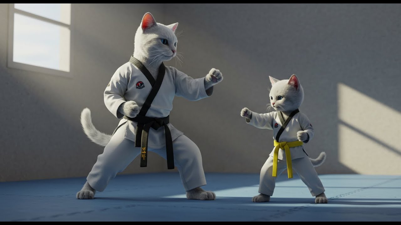 Mama White Cat Teaching Her Kitten to play Dojo Clever Kitten learning ...
