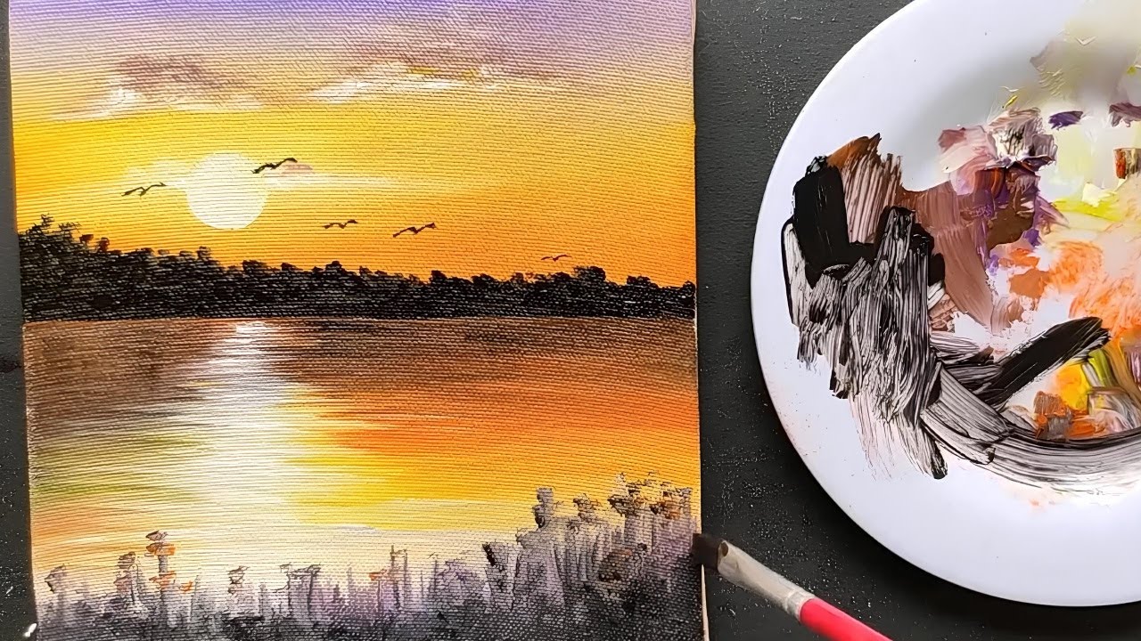 How to make a sunset landscape painting step by step tutorial for ...