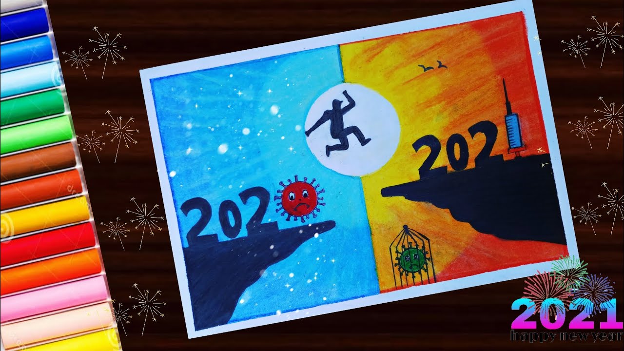 New year easy drawing|| Happy New year 2021 drawing with oil pastel ...