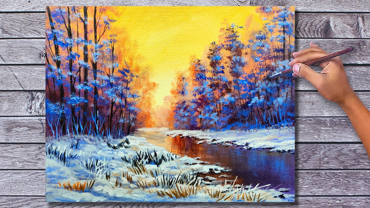 Acrylic Winter Landscape Painting Time-lapse / Golden Hour Snowy Winter ...