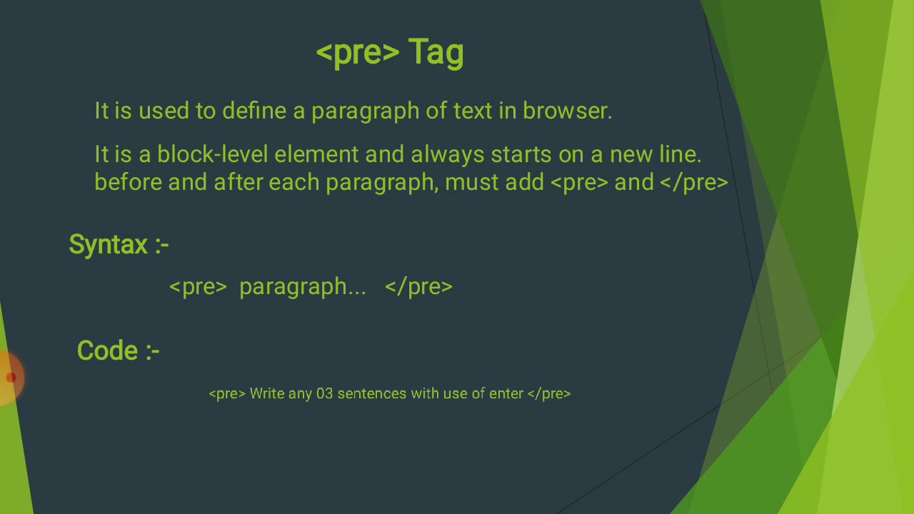 HTML pre tag with example by Mr Kameshwar Rao, Asst Professor, SRU ...