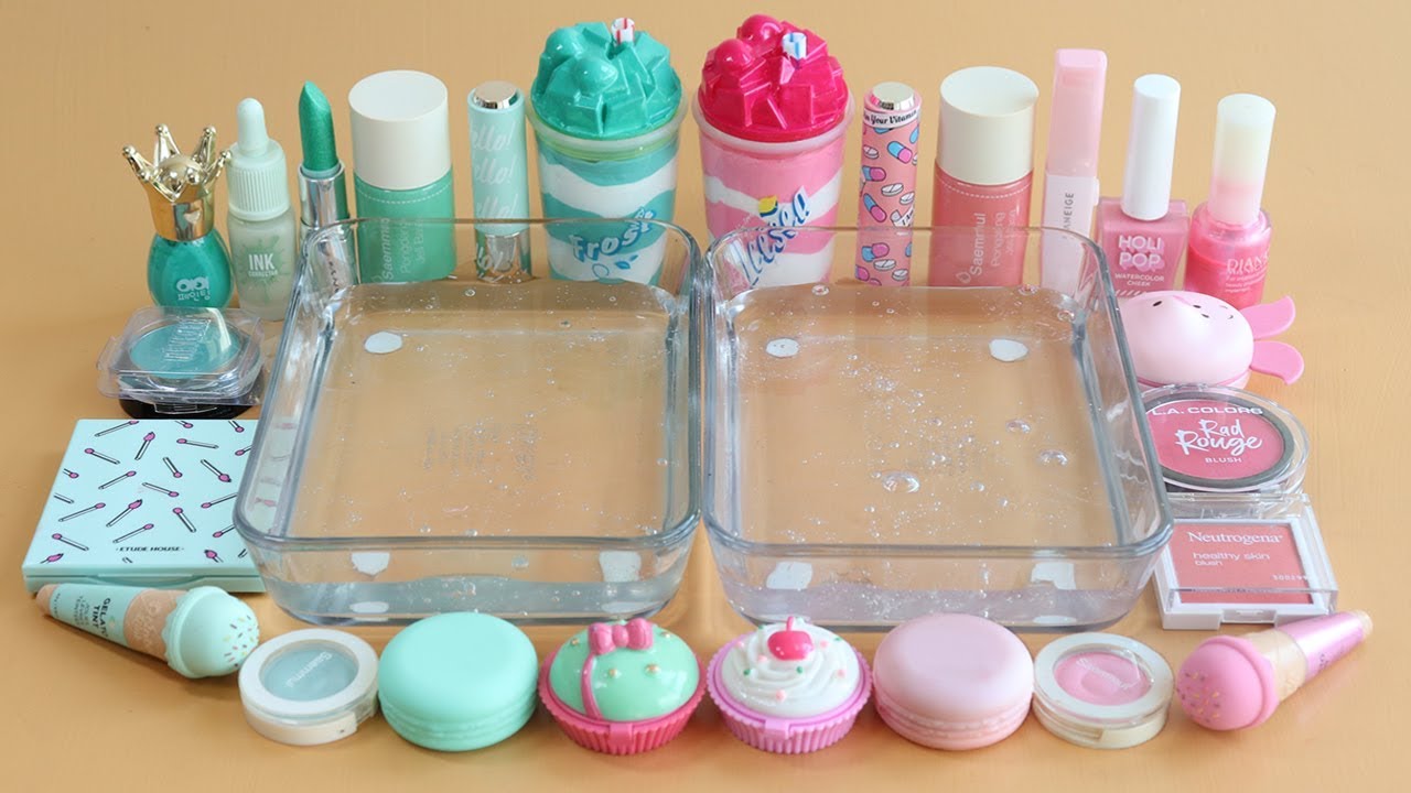 Mixing'Mint vs Pink' Eyeshadow,Makeup and glitter Into Slime ...
