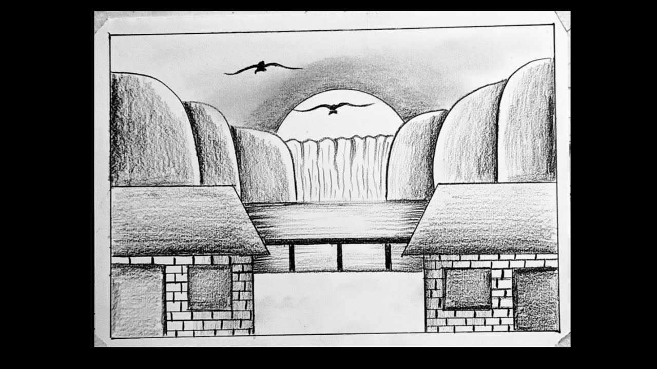 How to draw a very easy water fall scenery drawing with pencil 📝 - YouTube