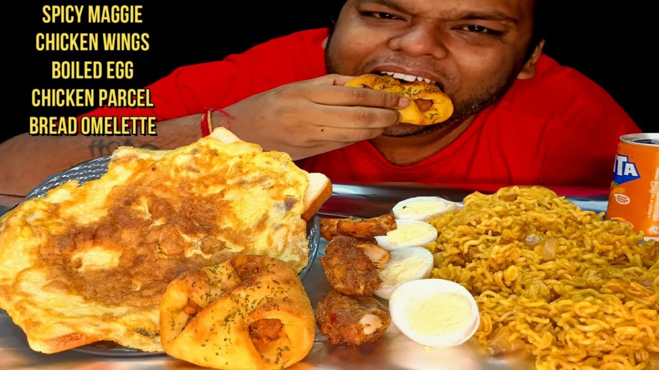 EATING SPICY MAGGIE WITH BOILED EGG, CHICKEN WINGS, CHICKEN PARCEL ...