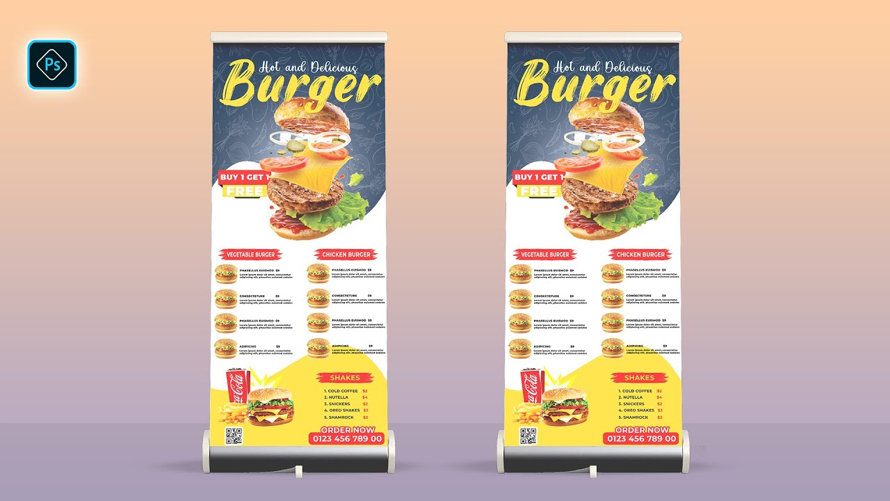 Restaurant Food Menu Roll Up Banner Design in Photoshop Tutorial - YouTube