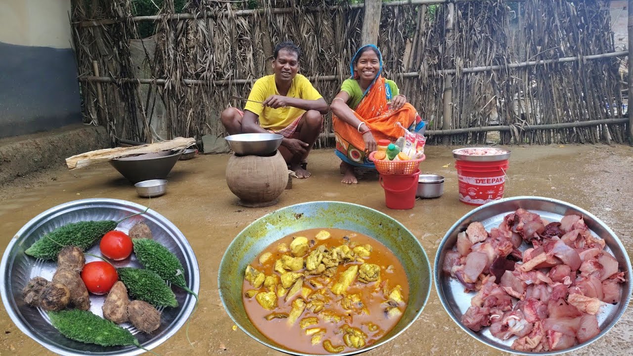 tribal people cooking CHICKEN CURRY with KOCHU and bitter gourd fry ...