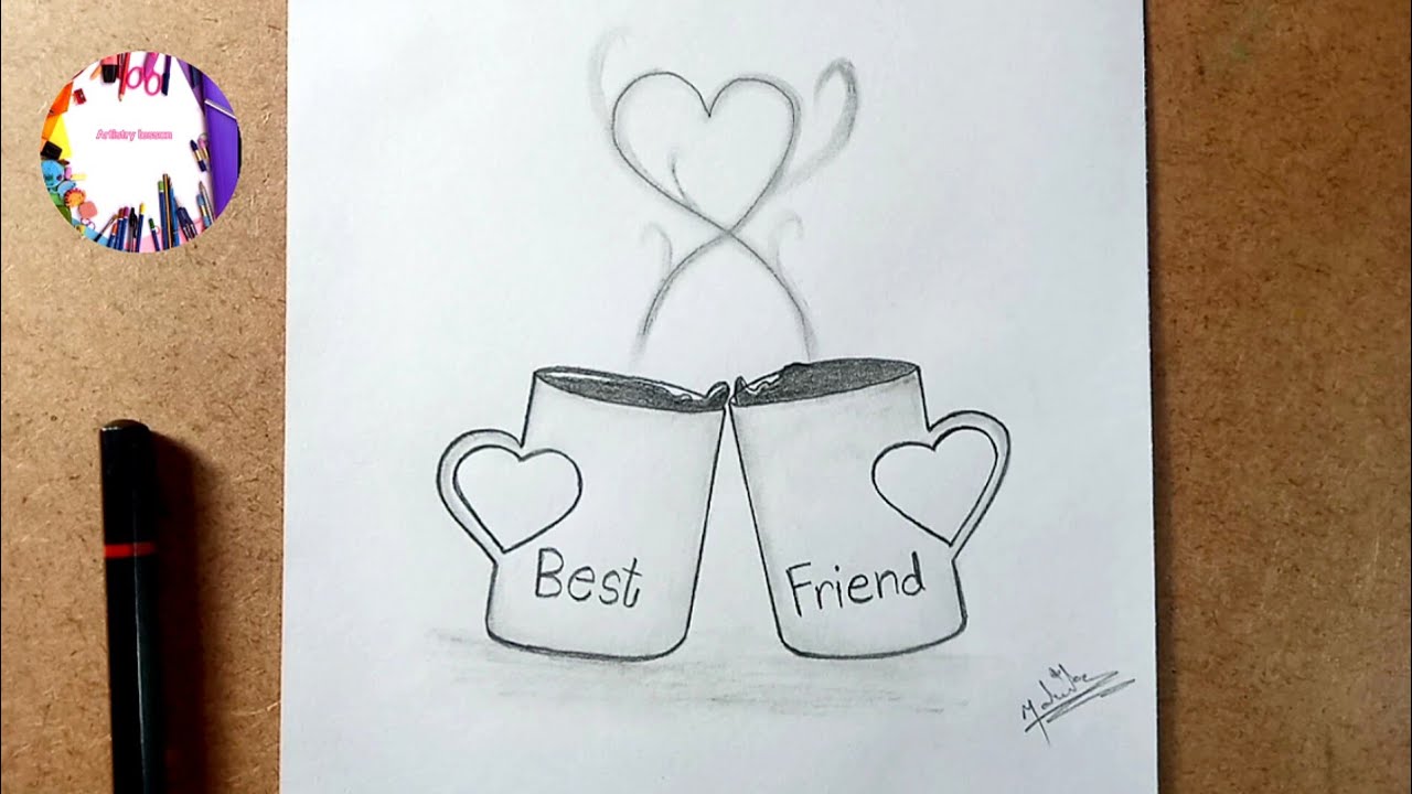 Friendship day drawing | Best Friend drawing on Cup - Pencil sketch ...