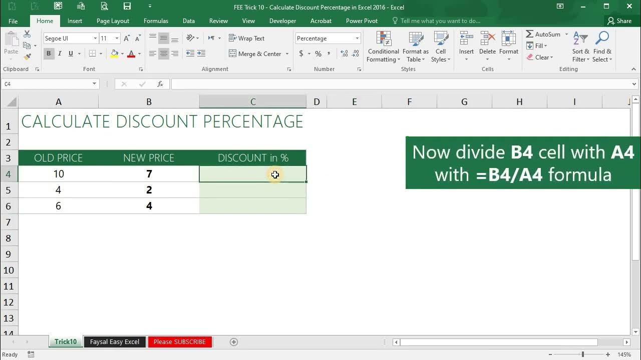 Discount Percentage Calculation formula in Excel 2016 - YouTube