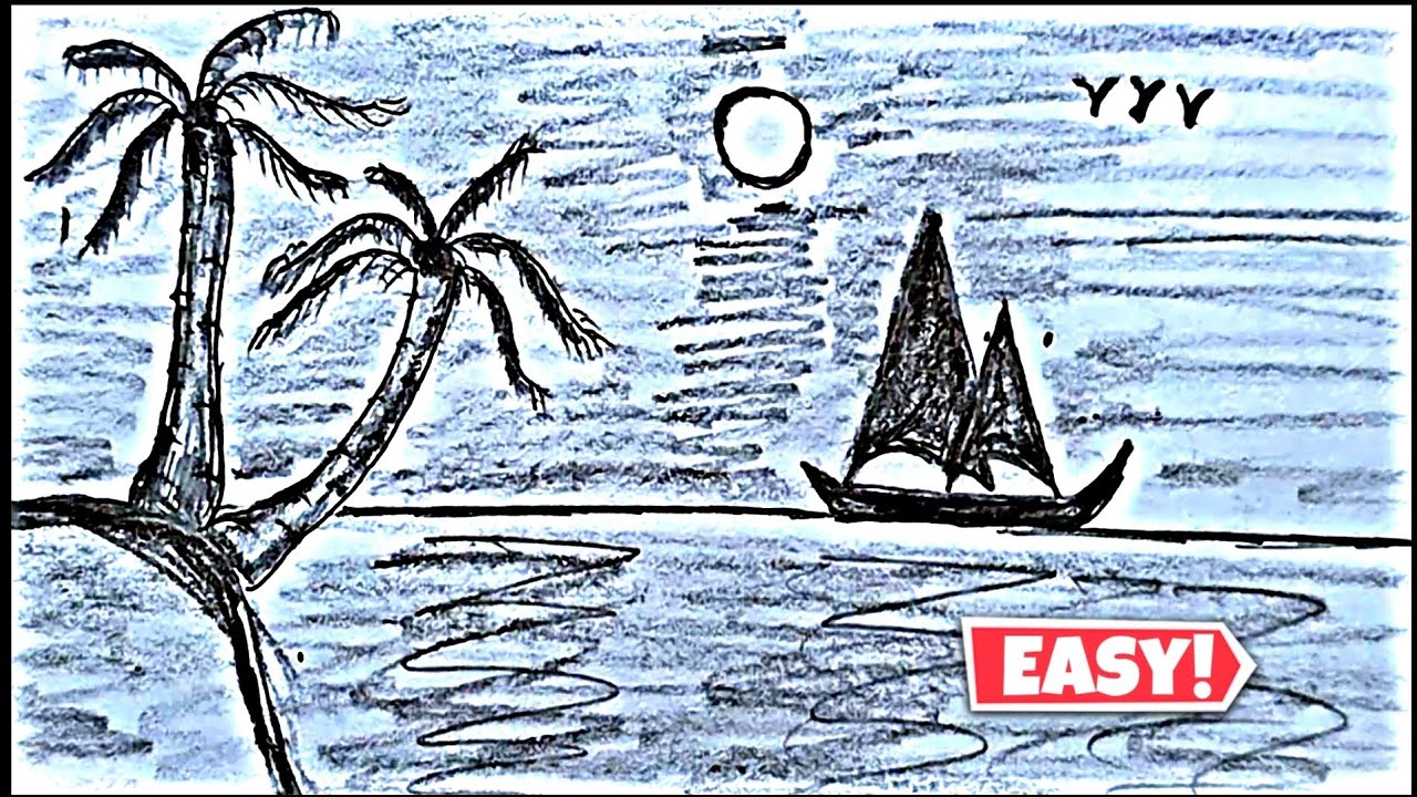 Drawing, a beach easily, Drawing a boat on the sea ⛵ - YouTube