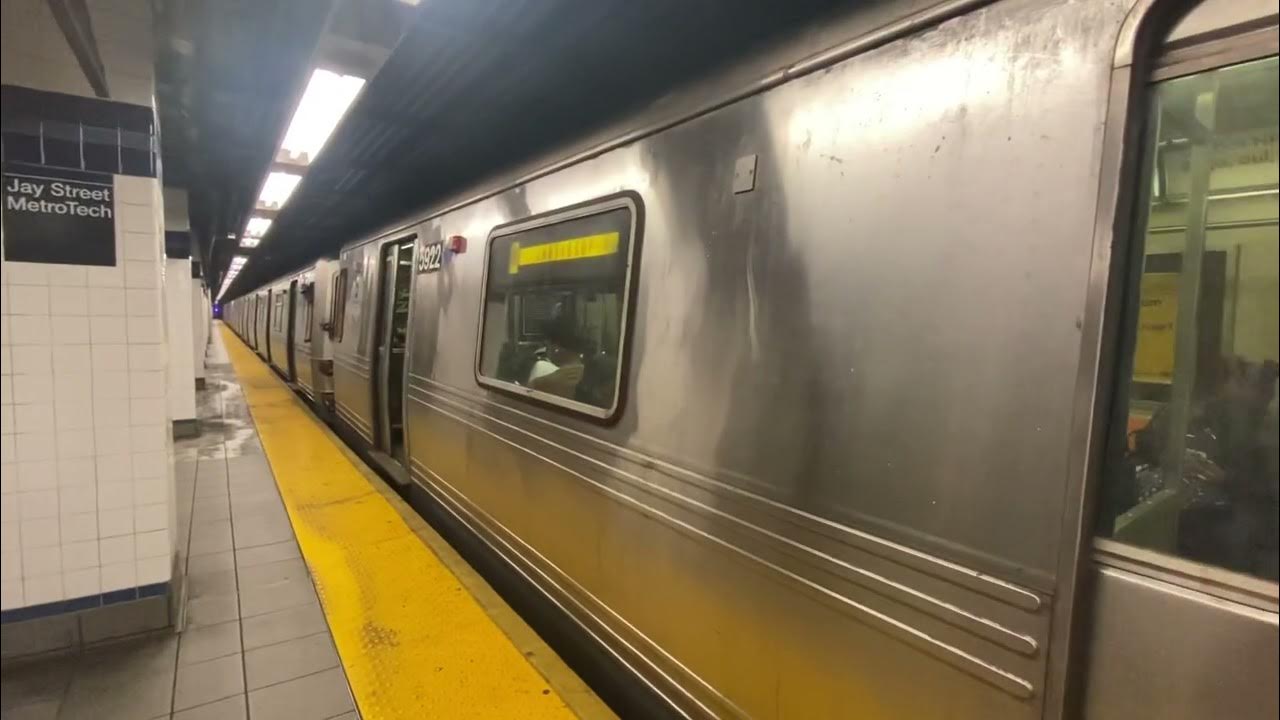 IND: Far Rockaway-Mott Av bound 1978 Pullman Standard R46 (A) train 5922 departs at Jay St ...