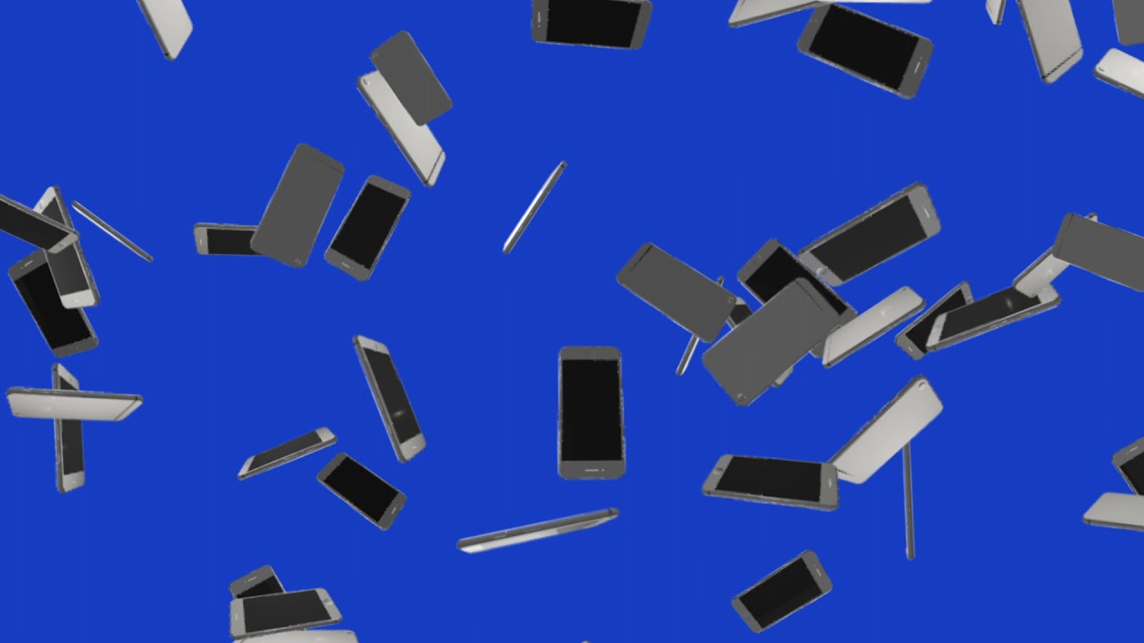 The background of flying down mobile phones. Falling phones on a blue ...