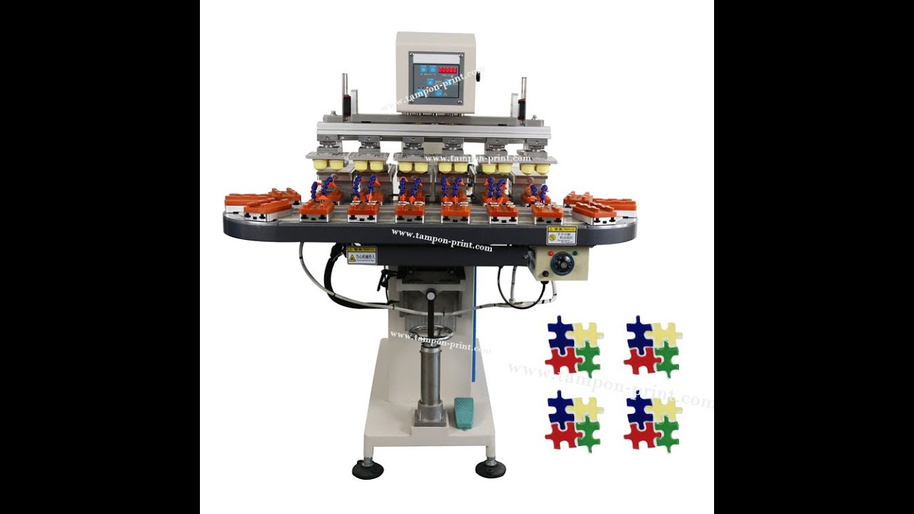 6 colors buttons pad printing machine with auto unloading device - YouTube