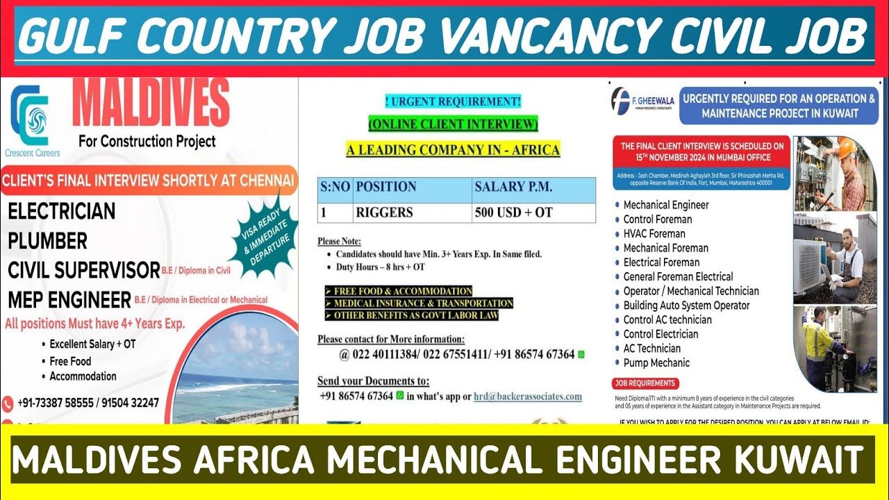 Gulf Country Job Vancancy Civil Job Maldives Africa Mechanical Engineer ...