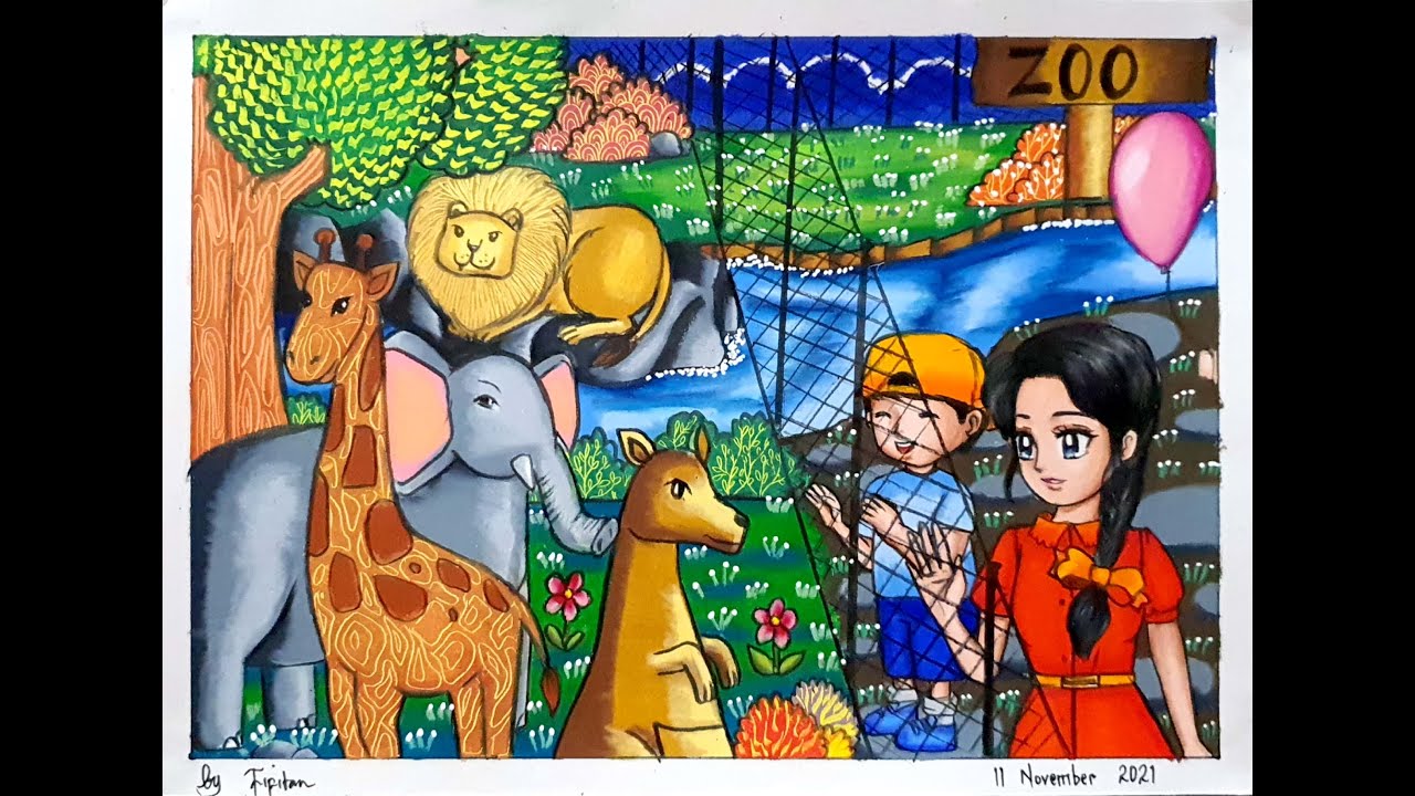 Cara menggambar Kebun Binatang (zoo) - CARA GRADASI WARNA OILPASTEL EP ...