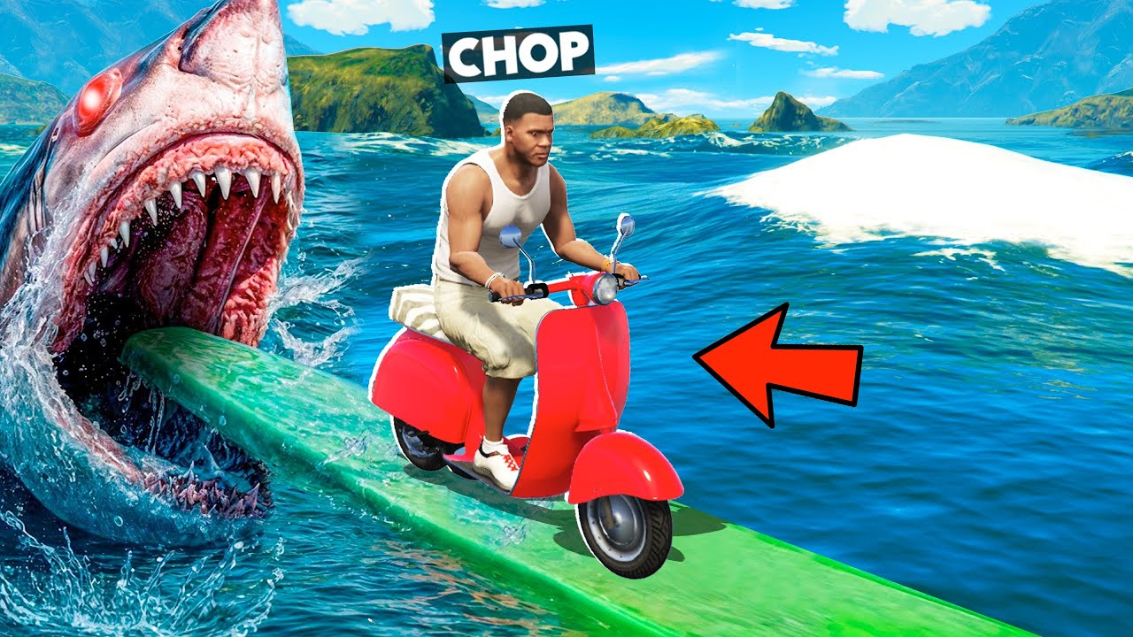 GTA 5 CHOP AND FROSTY ESCAPE ON SCOOTER FROM SHARKS - YouTube