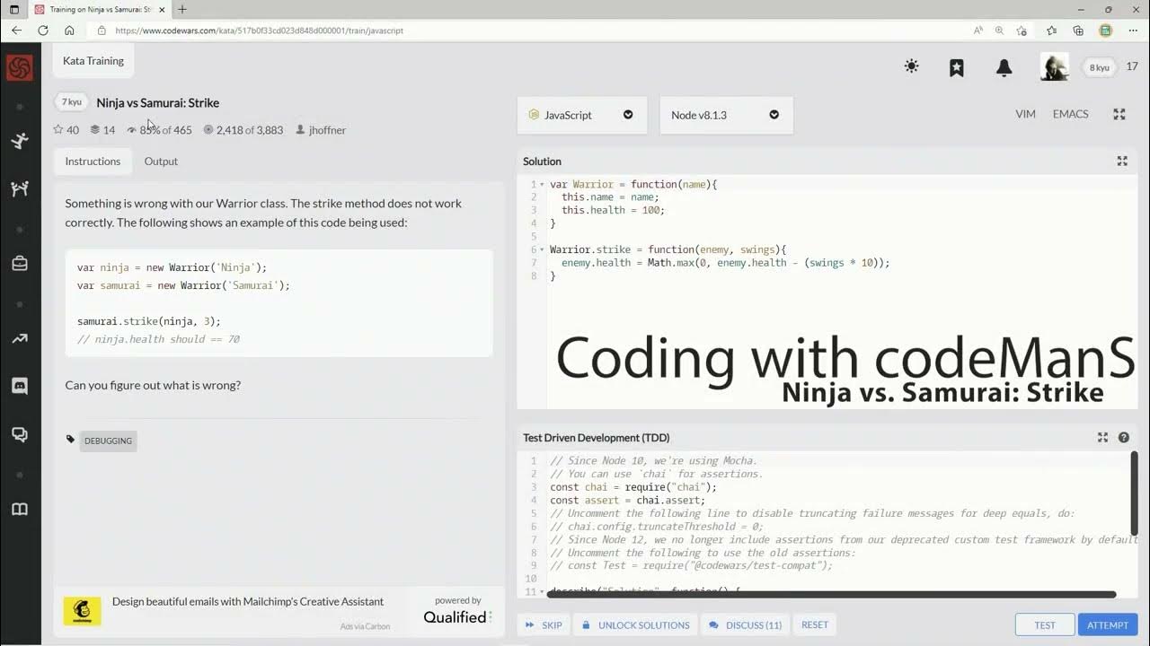Codewars 7 kyu Ninja vs Samurai: Strike JavaScript - YouTube