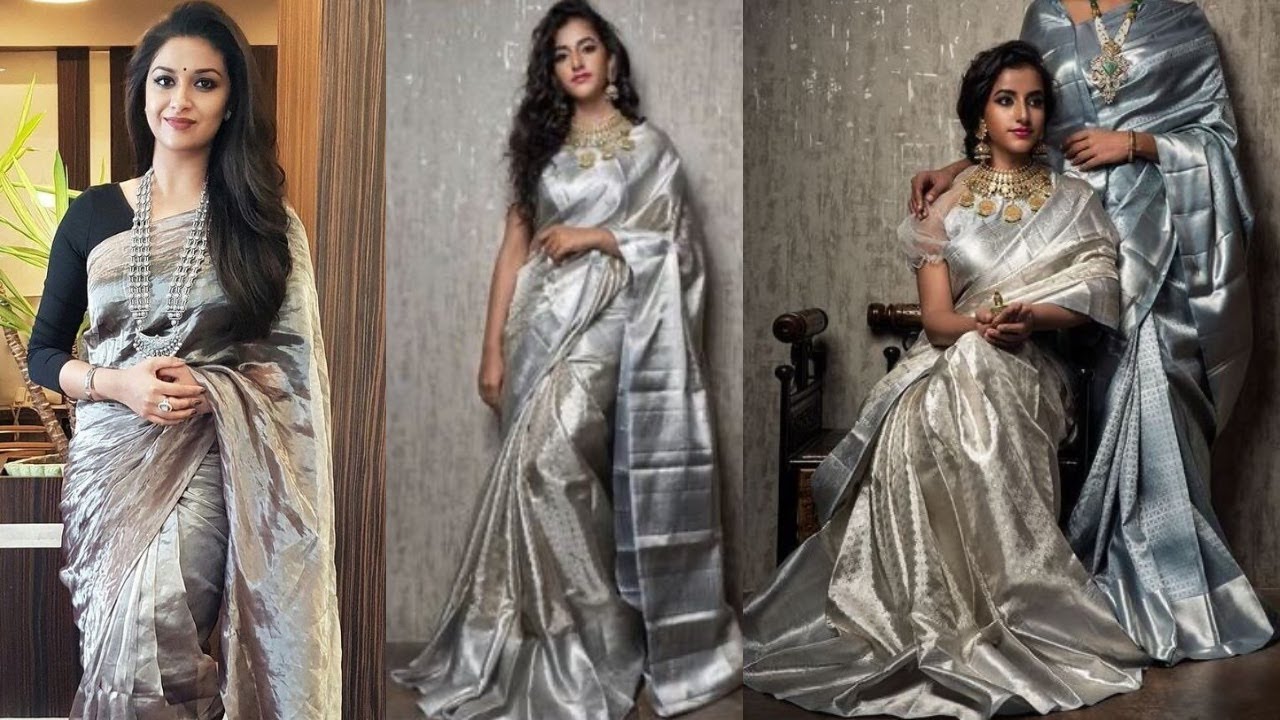 BEAUTIFUL SILVER COLOUR SAREES WITH CONTRAST BLOUSE IDEAS, LATEST ...