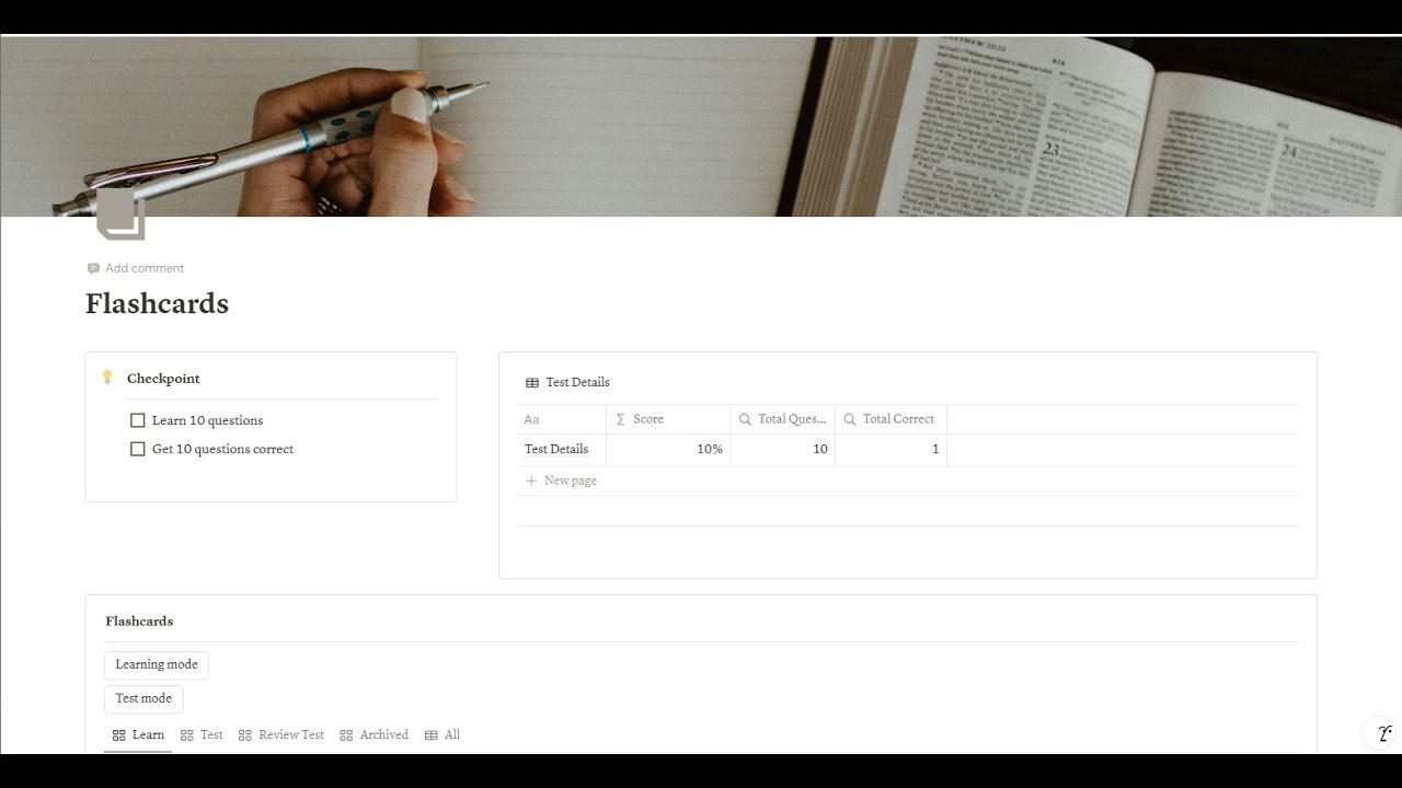 Notion Flashcards Template | Learning Mode | Test Mode | Short Answer ...