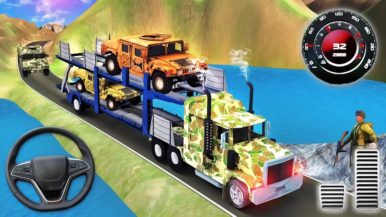 Army Vehicle Transport - US Airplane Vehicle Transporter Truck Driving ...