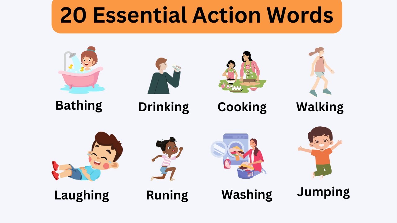 20 Essential Action Words | Learn Essential Action Verb For Kids - YouTube