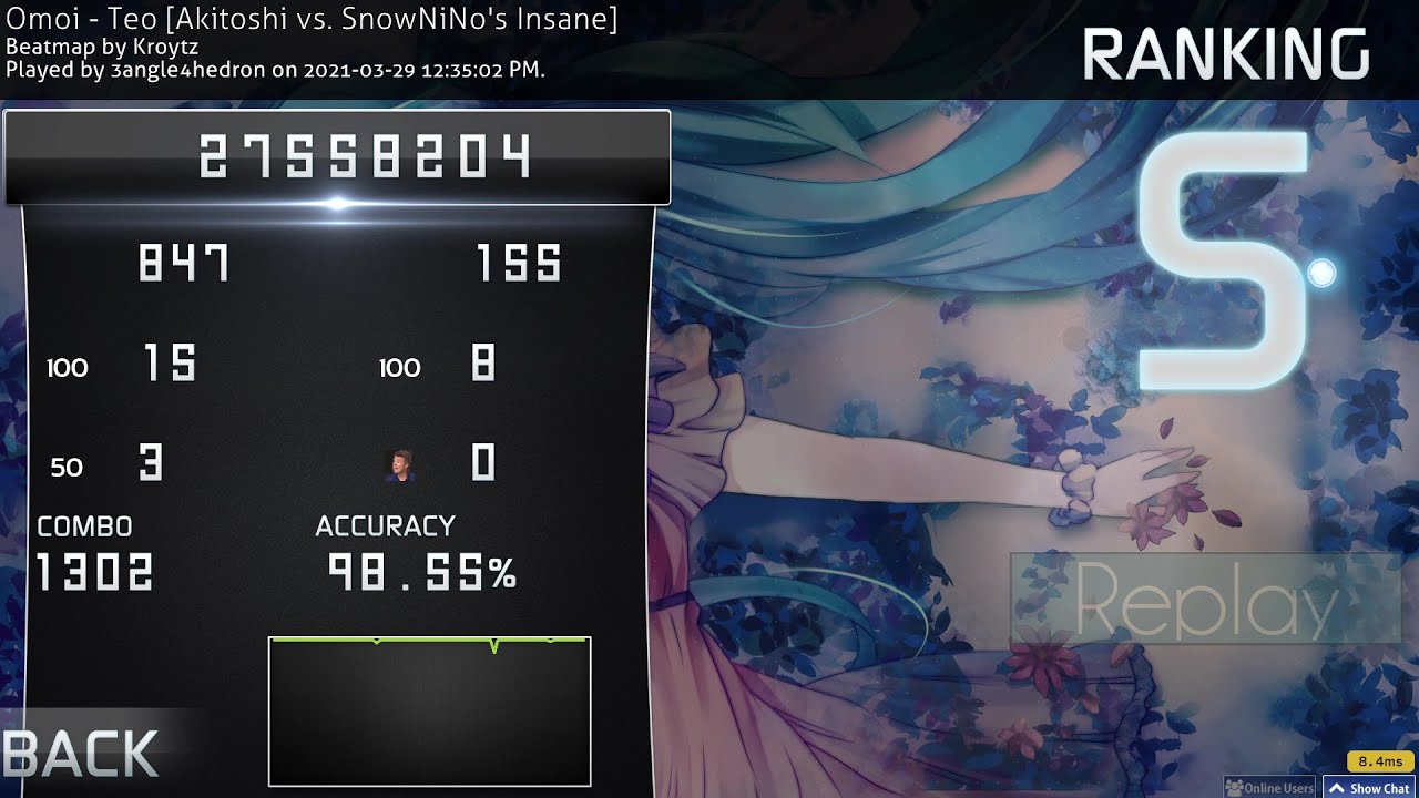 osu! 1302/1303 combo burst map Teo Insane 98.55 FC 133pp - YouTube