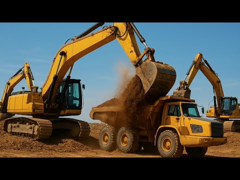 Dev Kamyonlar ve Kepçeler Kum Taşıyor – ASMR İnşaat Sesi- Massive Dump Trucks Excavators Moving Soil