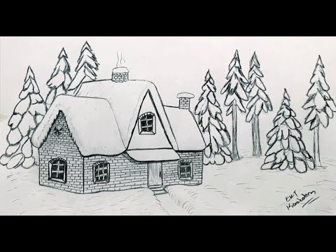 Kış Evi Çizimi - Kış manzarası nasıl çizilir - Karakalem Çizim Çalışması 12/30