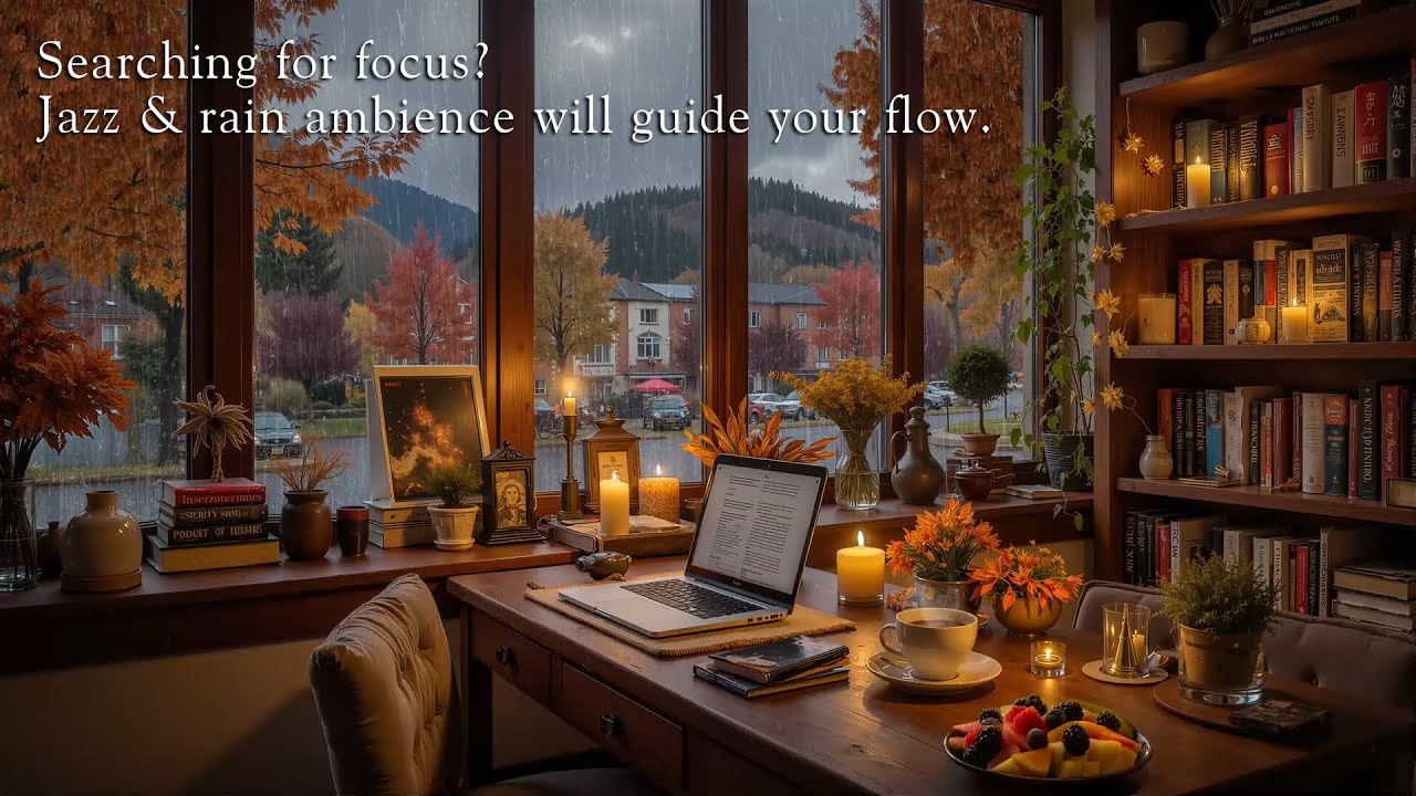 Warm Study Room on Autumn Rainy Night 🍁 Elegant Jazz Music for Work ...