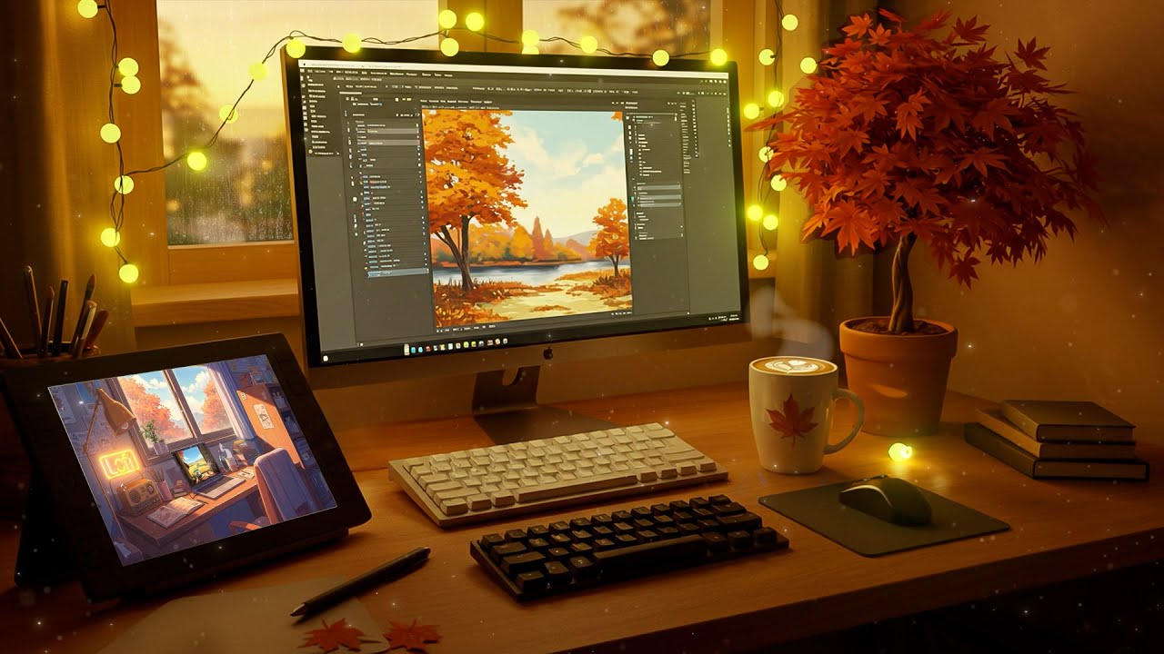 Gentle Rainy ☔ Chill Work Space with a Latte ~ Autumn Vibe & Soft Lofi ...