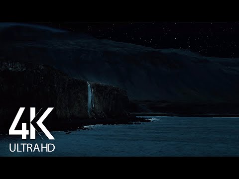 Waterfall and Ocean Waves Sounds for Sleep - 4K Icelandic Coastline - 8 HOURS Dark Version - Part #5