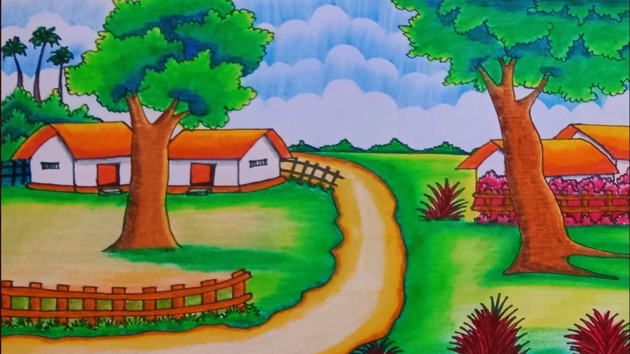 How to Draw Village Scenery Step by Step Very Easy | Landscape Drawings ...