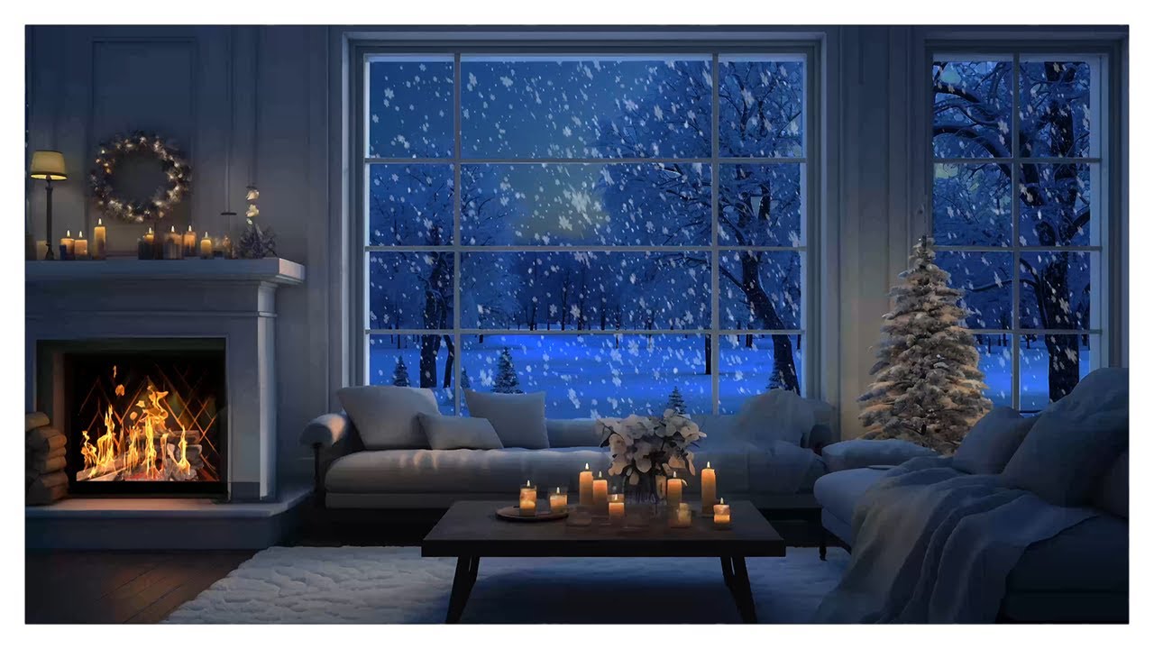 Cozy Winter Fireplace Ambience with Howling Blizzard Winter Snow Storm ...