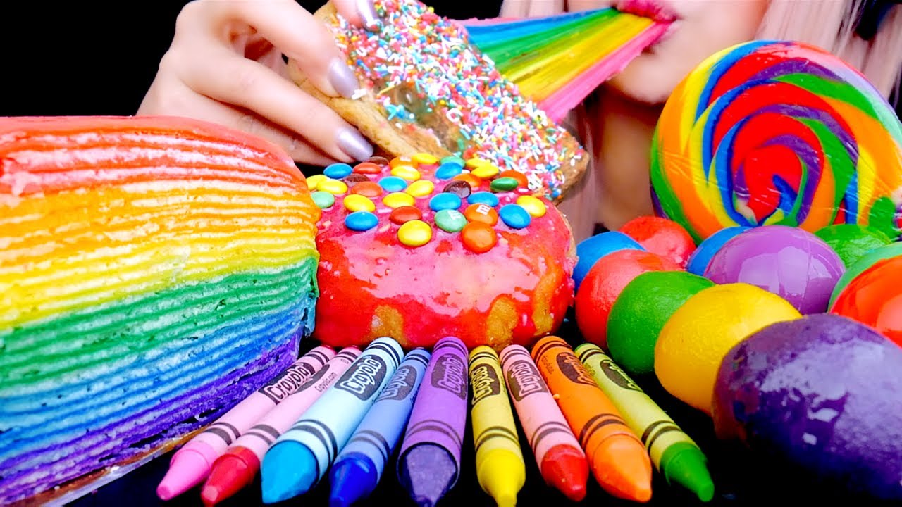 ASMR RAINBOW CREPE CAKE, DANGO, CHOCOLATE, JELLY, DONUTS | Satisfying ...