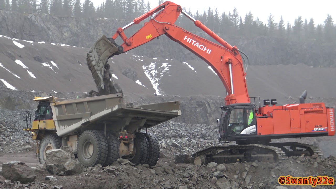 4K| Hitachi Zaxis 890LCR Loading CAT 775D Quarry Truck - YouTube