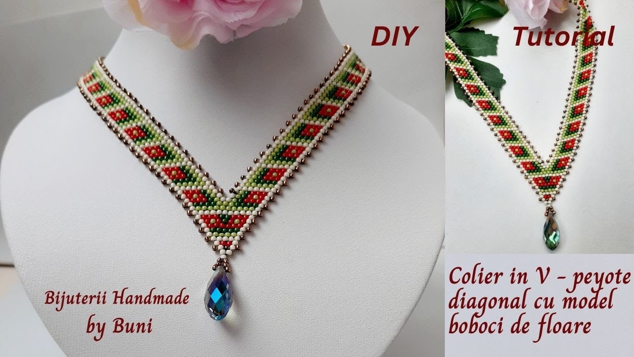DIY Colier in V - peyote diagonal - model boboci de floare/ Beaded ...