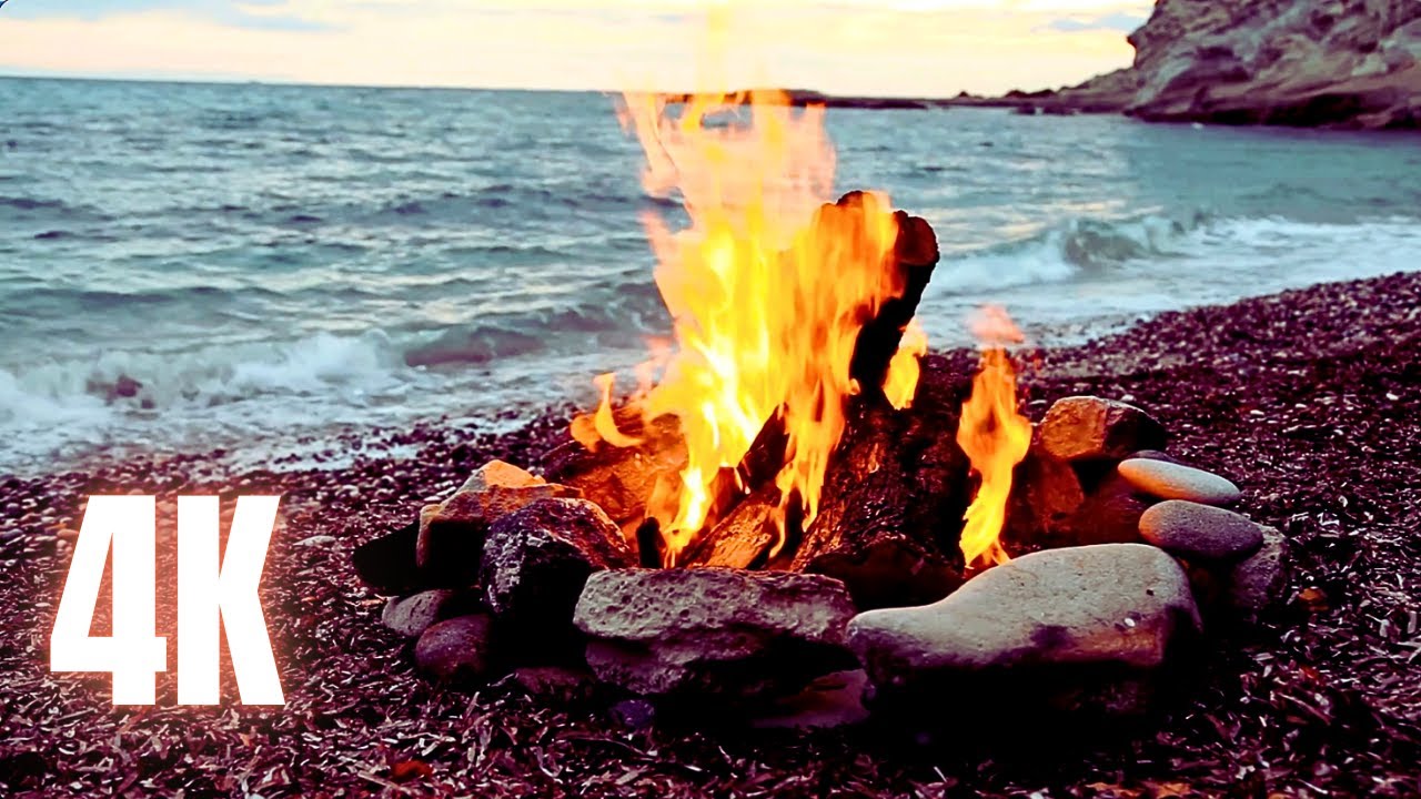 4K Campfire and Ocean Waves | White Noise | Relax | Focus | Sleep ...