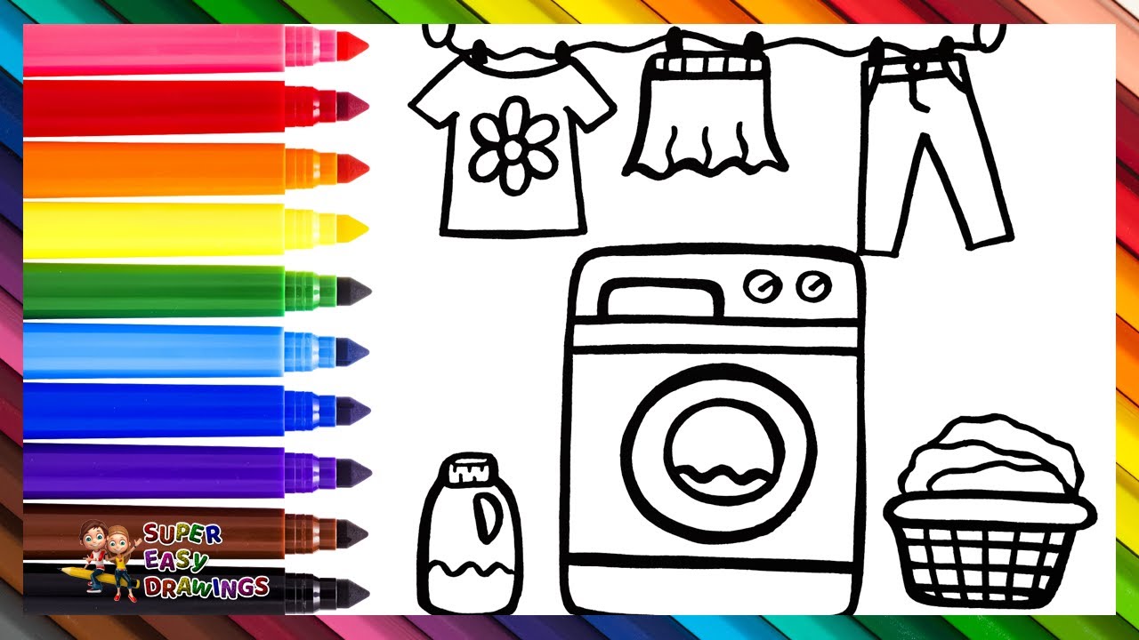 Draw and Color a Washing Machine with Accessories 🧼🧺👚👖 👗🌈 Drawings for ...